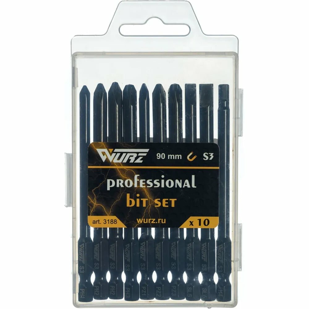 Набор магнитных бит WURZ 90мм, PH1, PH2(2), PH3, PZ1, PZ2, PZ3, SL5, SL6, H4, 10шт/бокс 3188