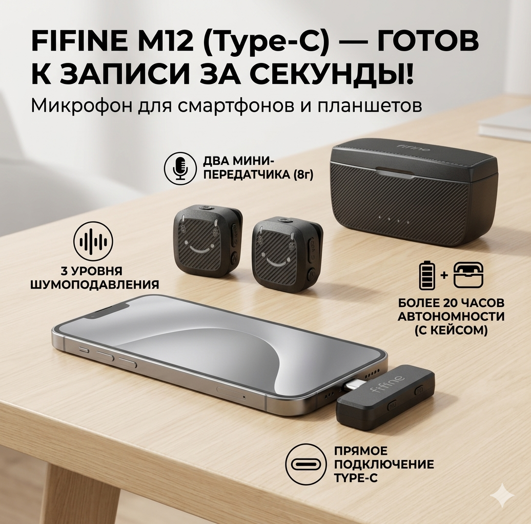 Радиосистема / Микрофон петличный беспроводной Fifine M12, до 100м, Black