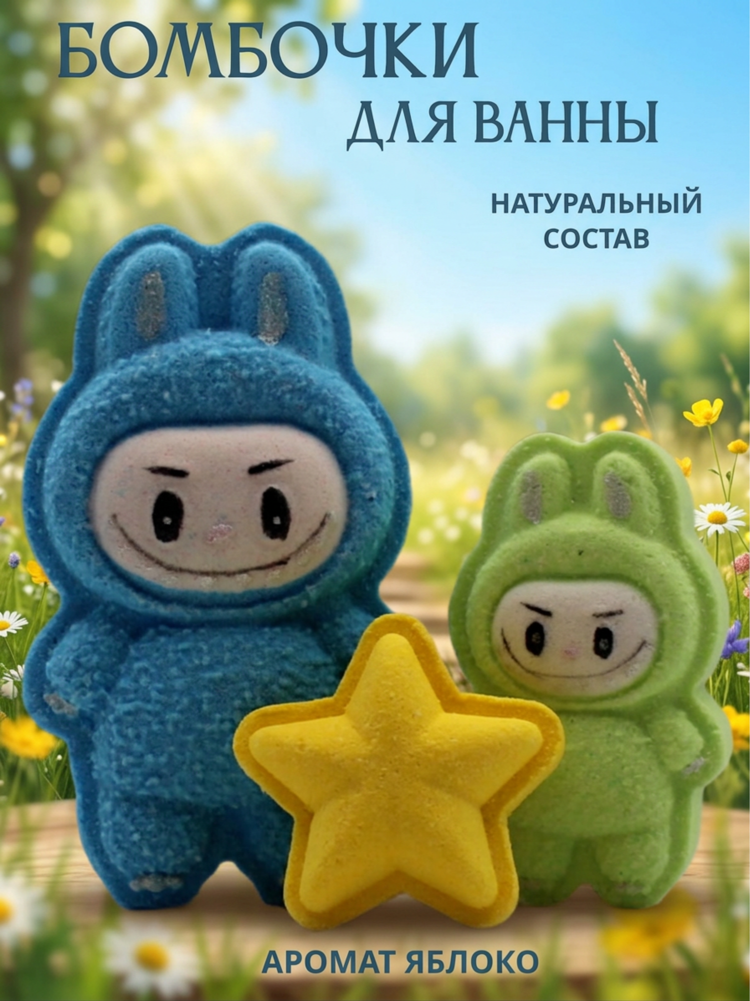Бомбочки для ванной TOP8Home "Лабубу", 150 г, гипоаллергенные, Набор 3 шт. Голубой