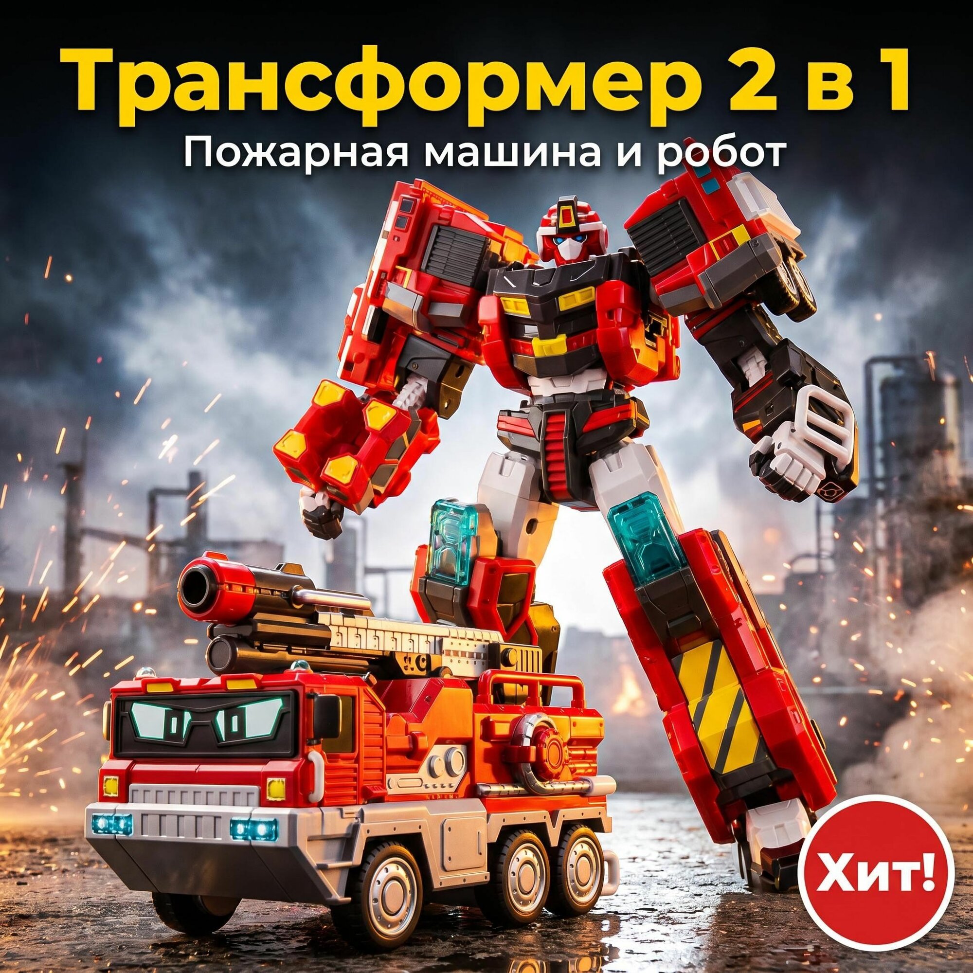 Металлический робот-игрушка с карточками. Красный костюмированный человек, 22 см, пожарная машина S2