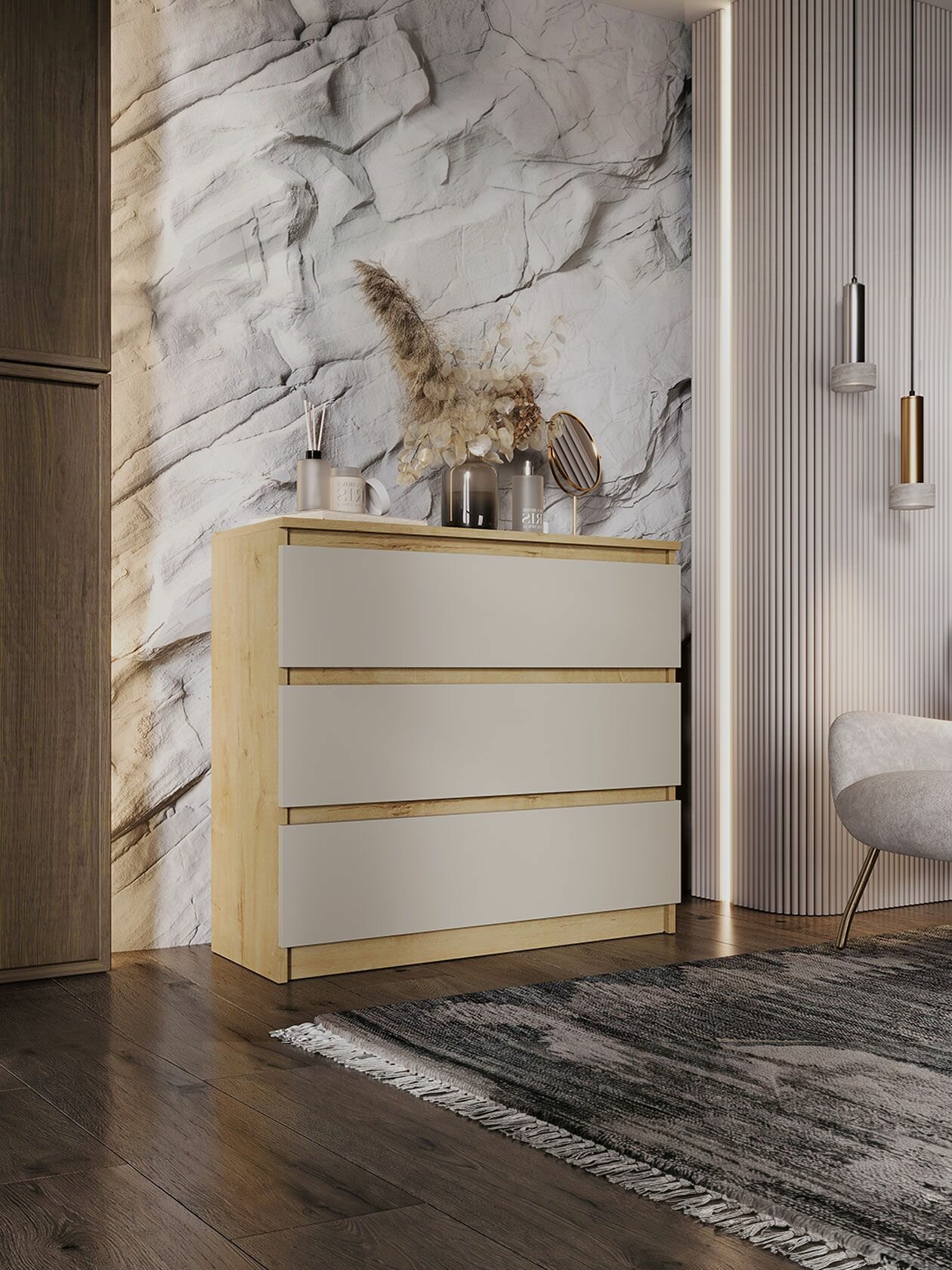 Комод для одежды и хранения вещей Вега с ящиками, 82.8x32.4x75.5 см, Дуб Вотан / Сатин