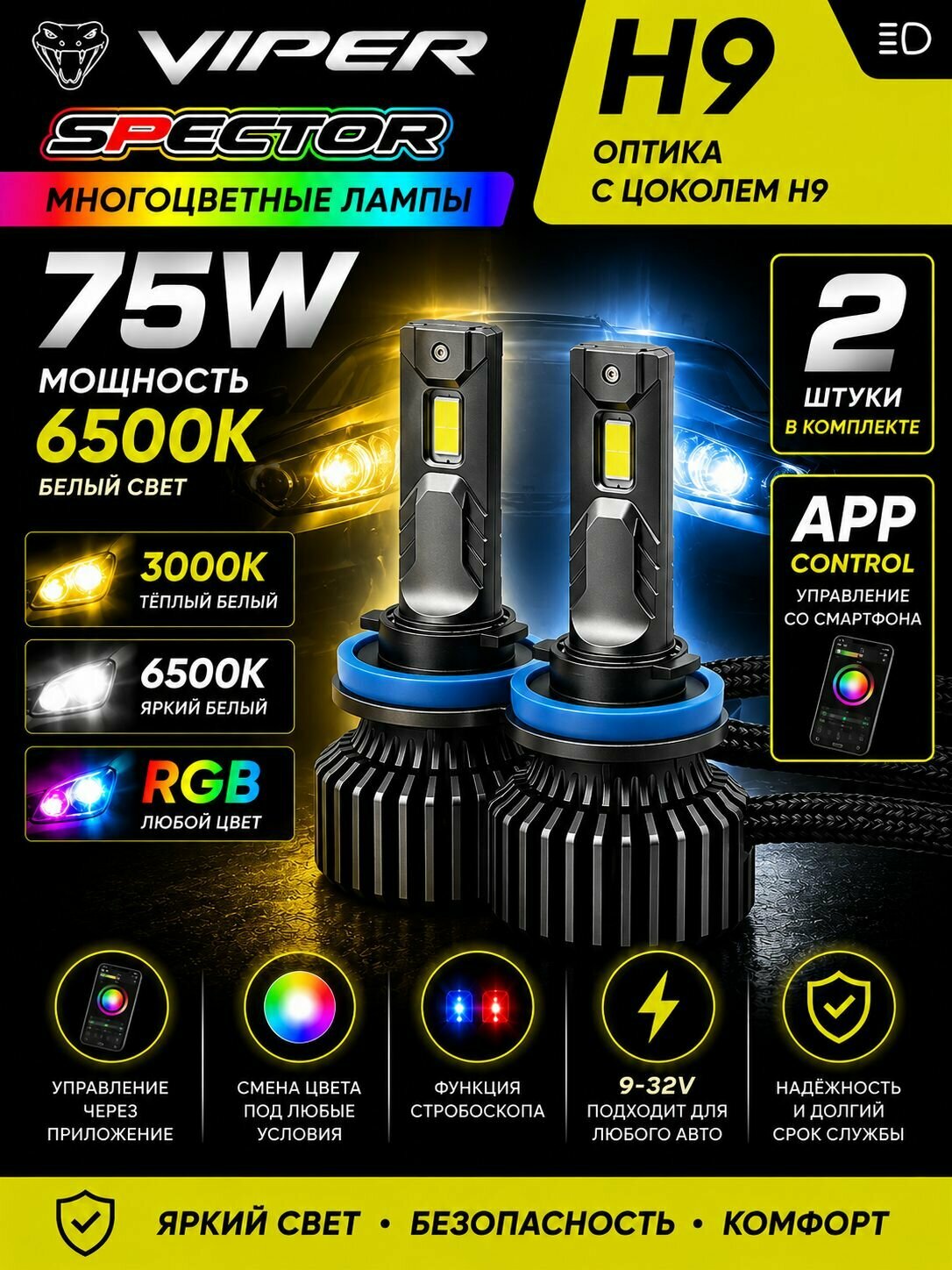 Светодиодные LED лампы H9 в Дальний свет для Mini Hatch (2001-2006) R50 R53 - Мини - VIPER - 75W 6500K / Многоцветные лампы / VIPER SPECTOR - лампы ФСО