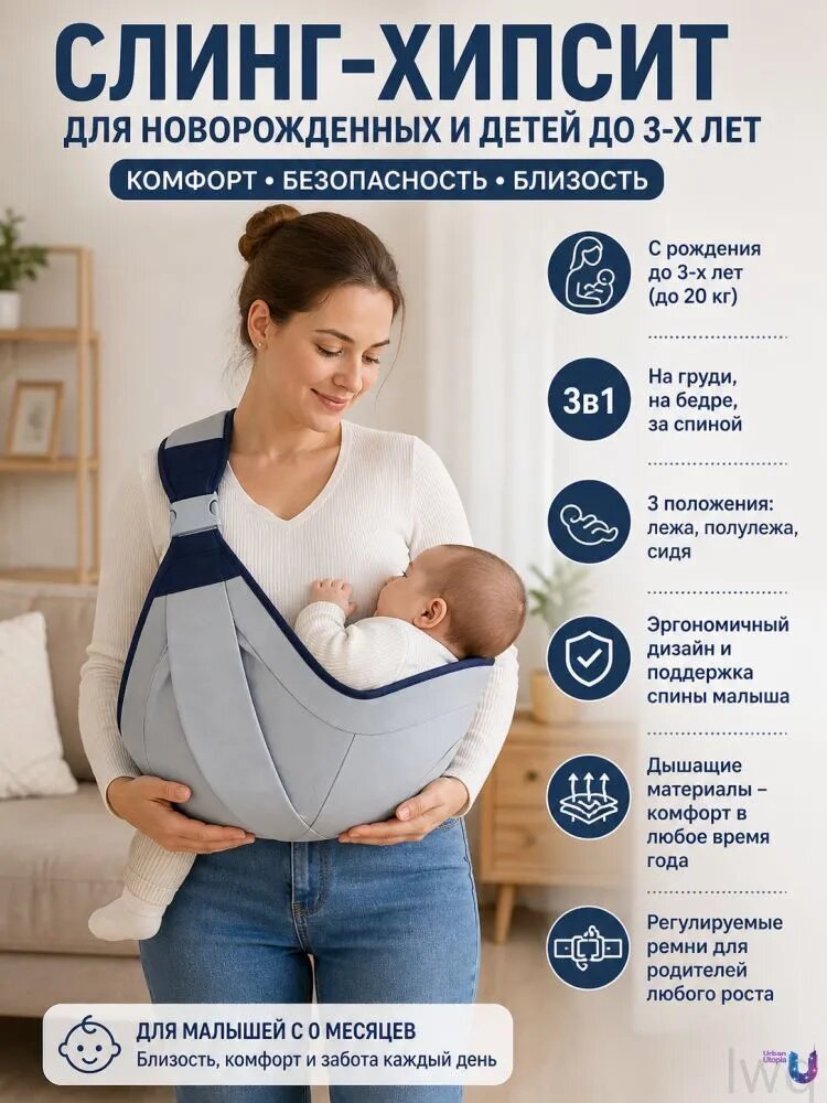 Слинг для переноски новорожденных Кенгуру переноска для детей до 3-х лет Эргорюкзак Хипсит