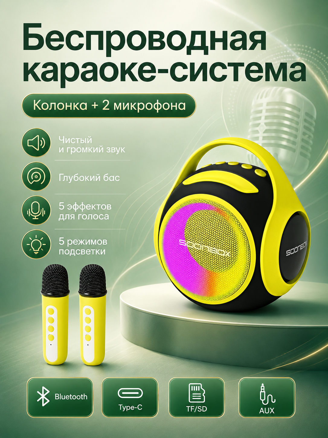 Беспроводная Bluetooth колонка караоке с 2 микрофонами, Портативная мини колонка S5100 с LED подсветкой, Желтый