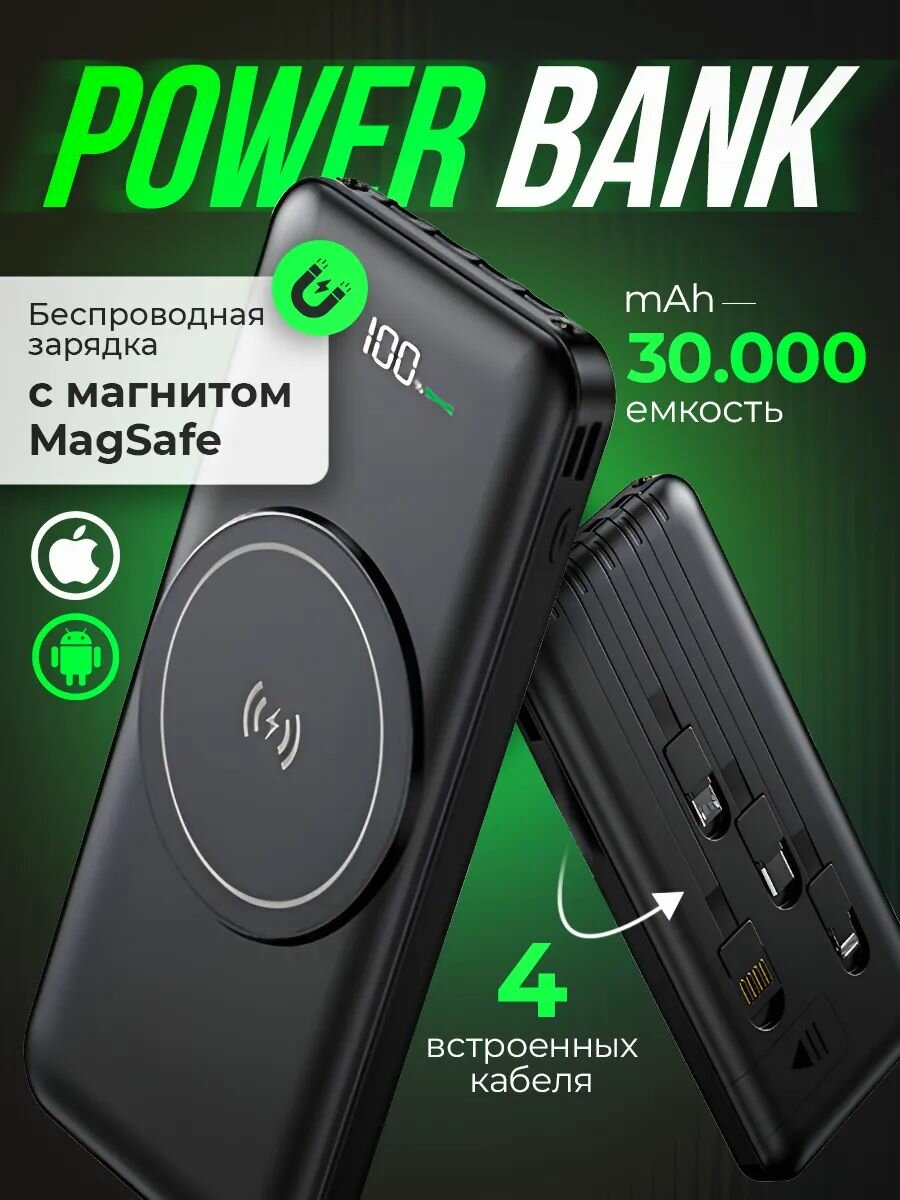 Повербанк 30000mah с проводами, внешний аккумулятор 30000 мАч