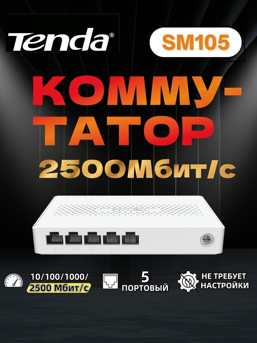 Tenda Коммутатор, SM105,5-портовый, 2500 Мбит/с, белое