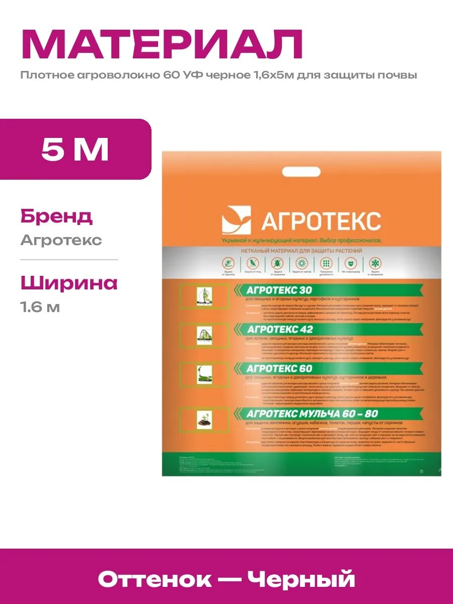 Черное агрополотно 60 УФ 1,6х5м мульча для грядок и клубники