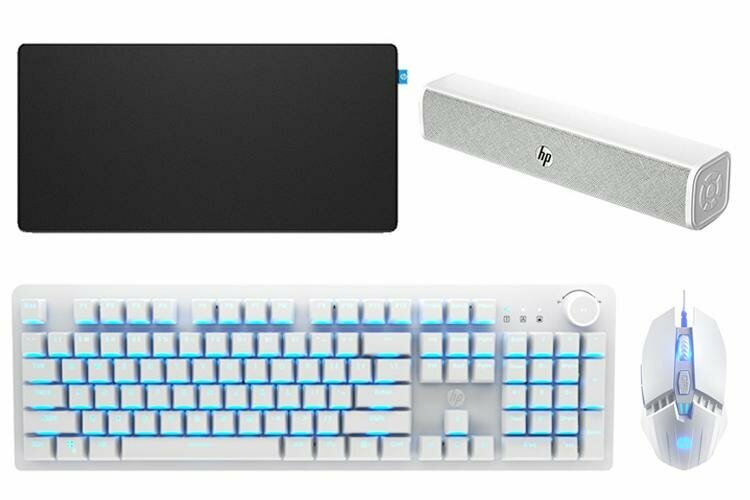 Клавиатура и мышь HP K10G ice blue light + gaming speaker + gaming mouse + HP original mouse pad, белый