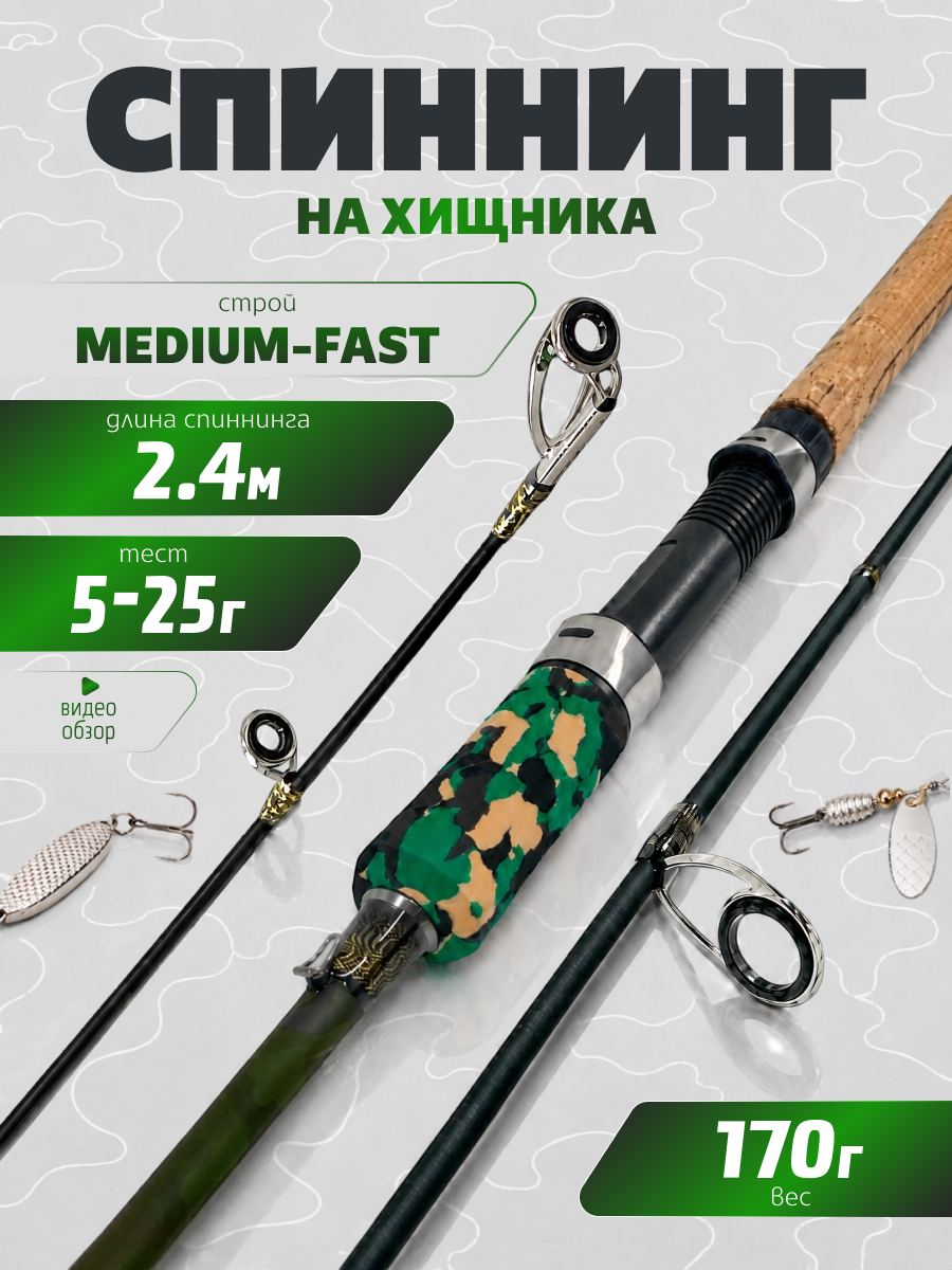 Спиннинг для рыбалки на хищника длина 2.4 м, тест 5-25гр, штекерный