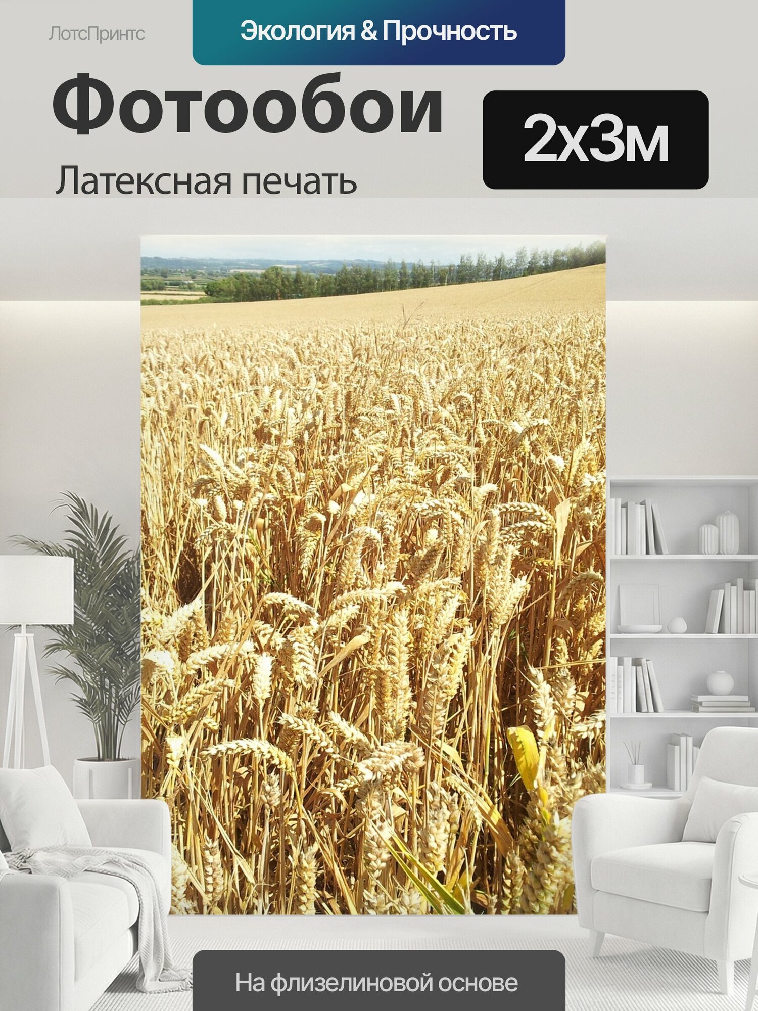 Фотообои моющиеся ударопрочные "Пшеница, пшеничная ферма, ферма" 200x300 см. латексная печать