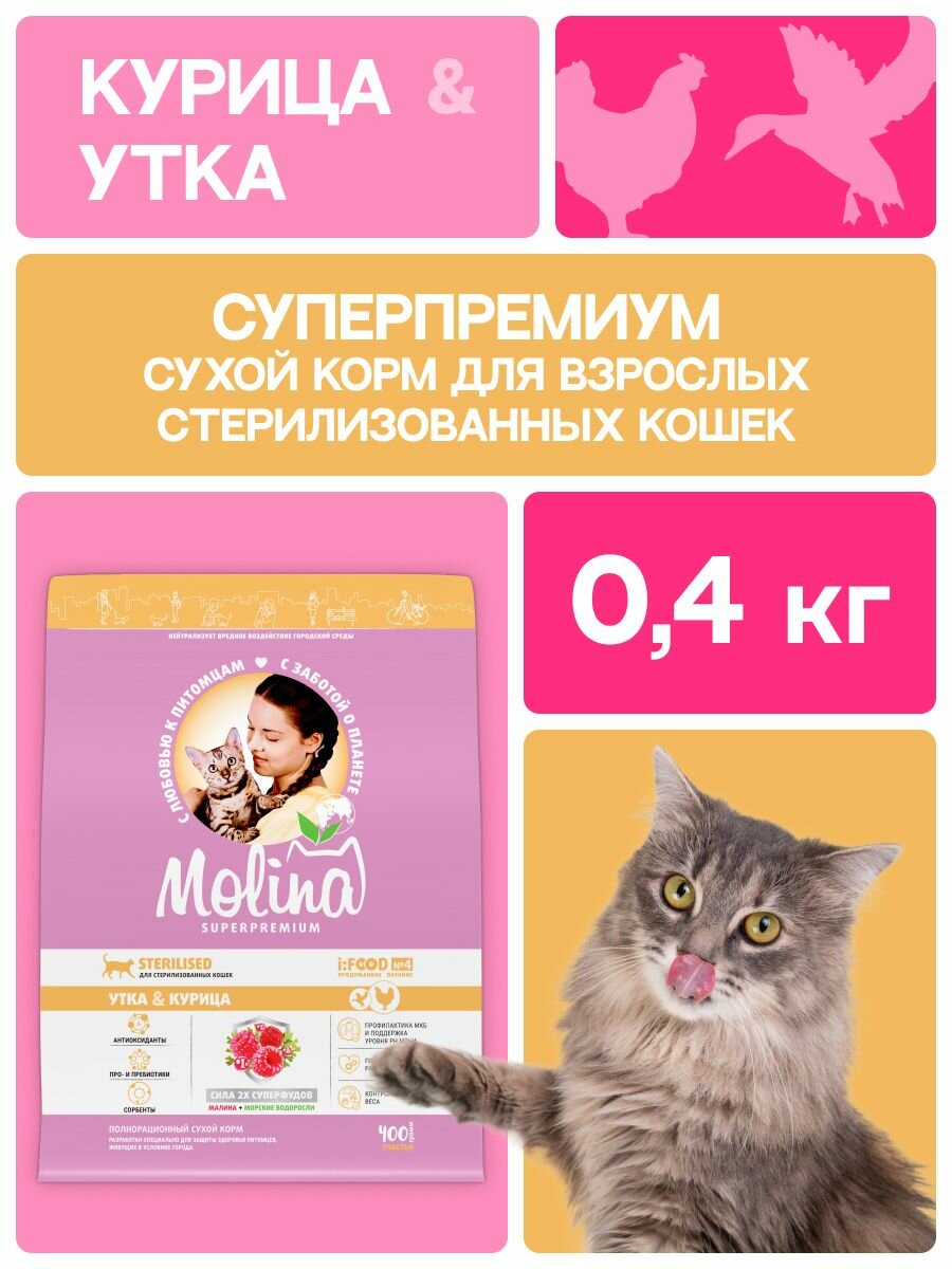 Корм для кошек сухой, для стерилизованных кошек MOLINA, с уткой и курицей 0,4 кг.