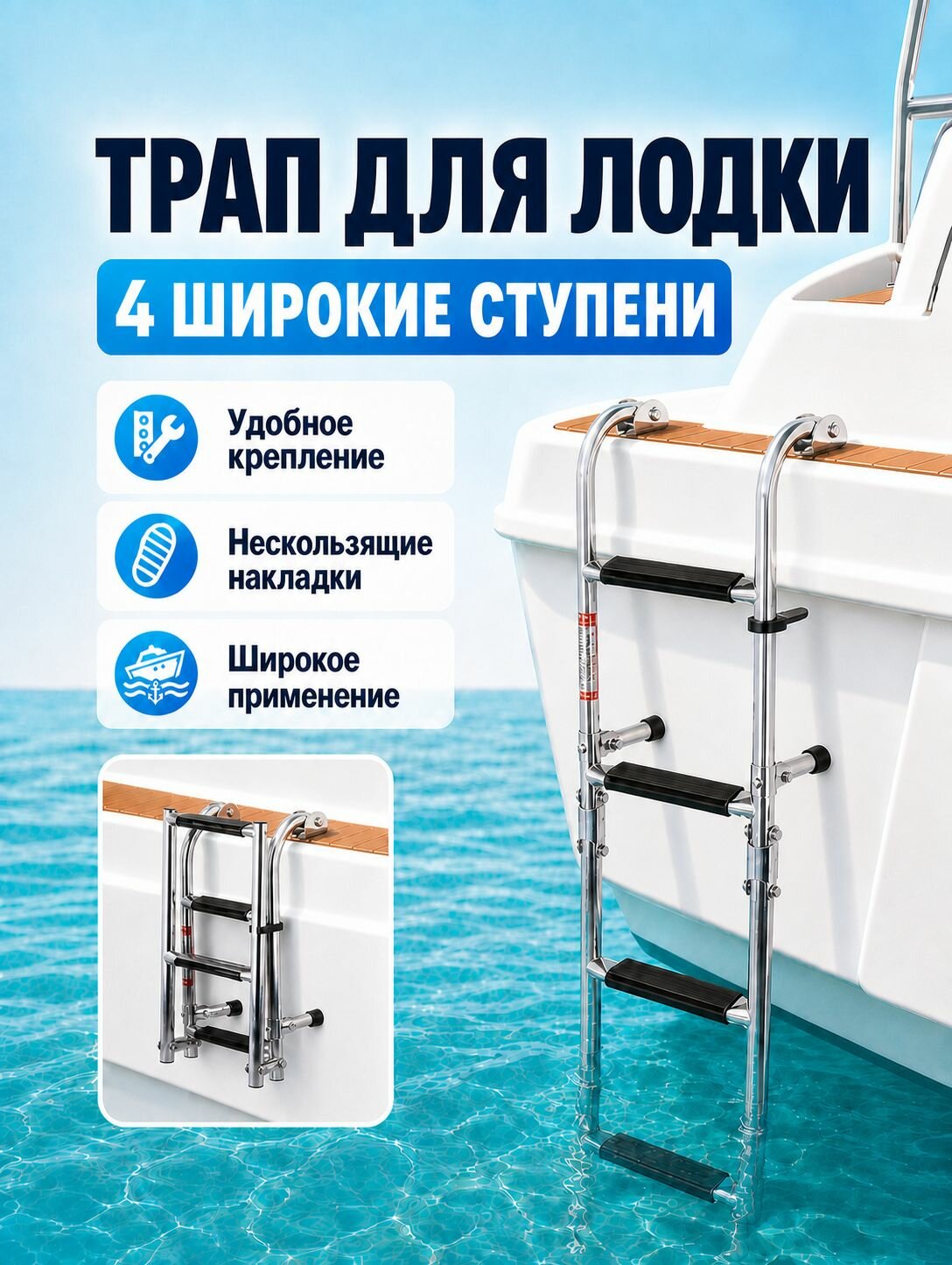 Трап для лодки, нержавеющая сталь, 4 ступени / Складная четырёхступенчатая лестница для катера, яхты