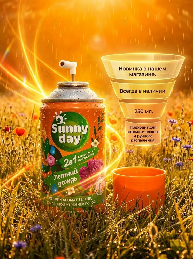 Освежитель воздуха Sunny day 2 в 1 летний дождь 250 мл "Летний дождь"