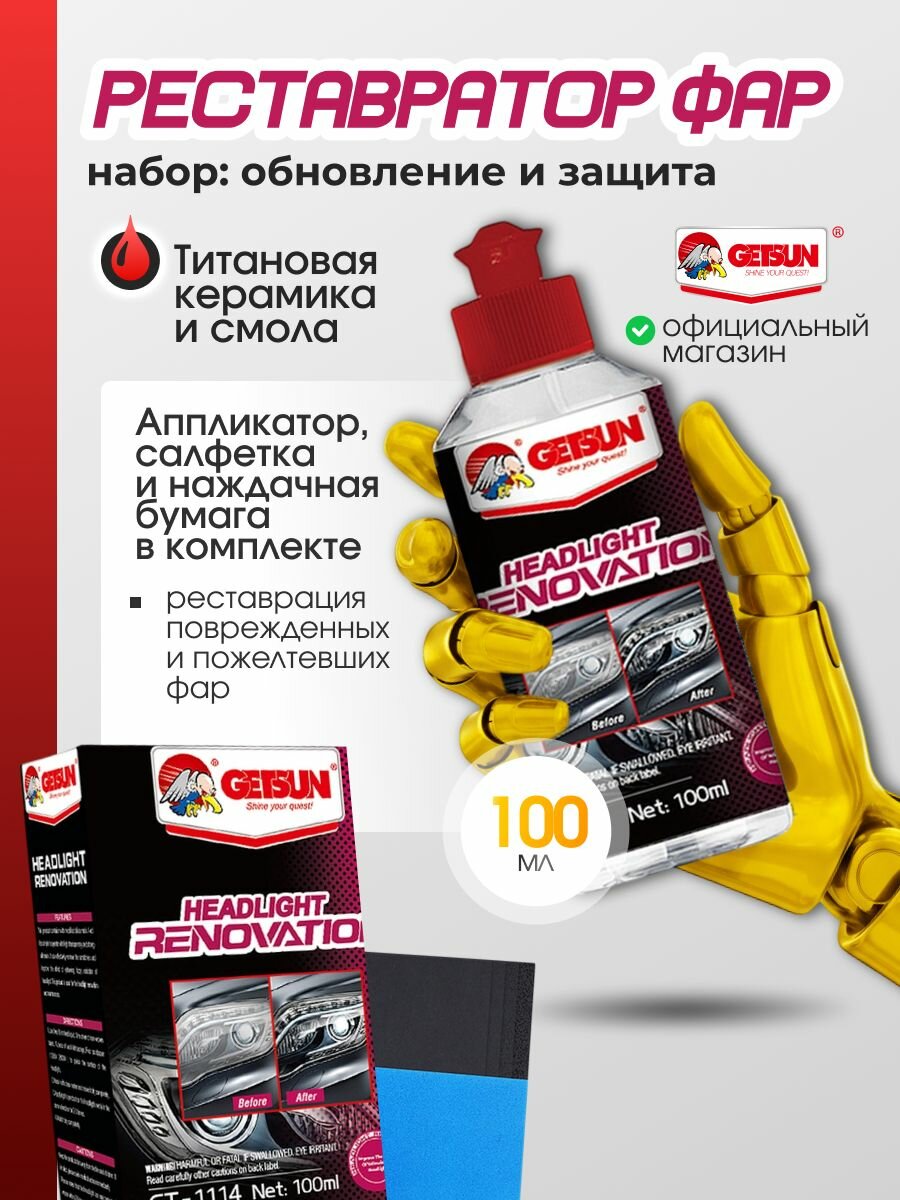 Полироль для фар GETSUN Headlight Repair 100мл набор