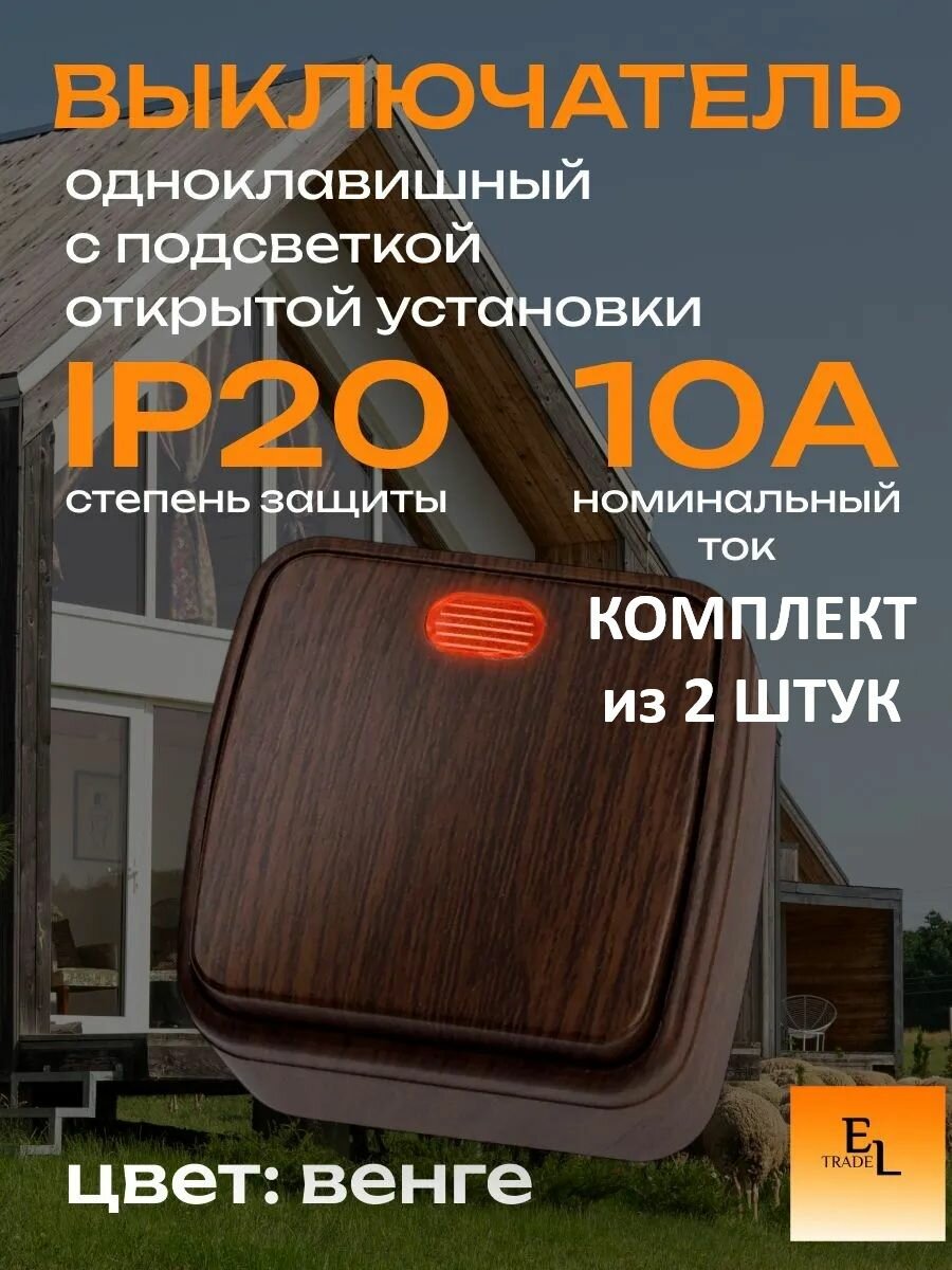 Выключатель одноклавишный с подсветкой открытой установки комплект из 2 штук, венге, IP20, 10А, TDM ELECTRIC