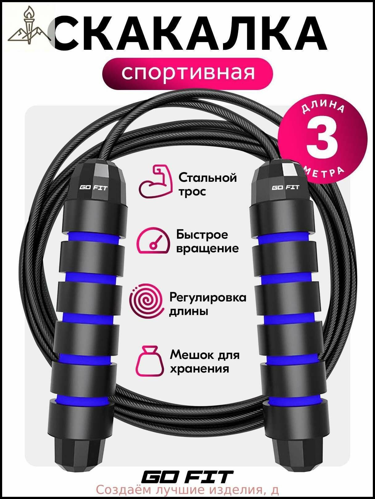 Скакалка спортивная Smart Rope 3 метра, скоростная со стальным тросом, регулируемой длиной и подшипниками, скакалка для фитнеса, гимнастики и тренировок, синий