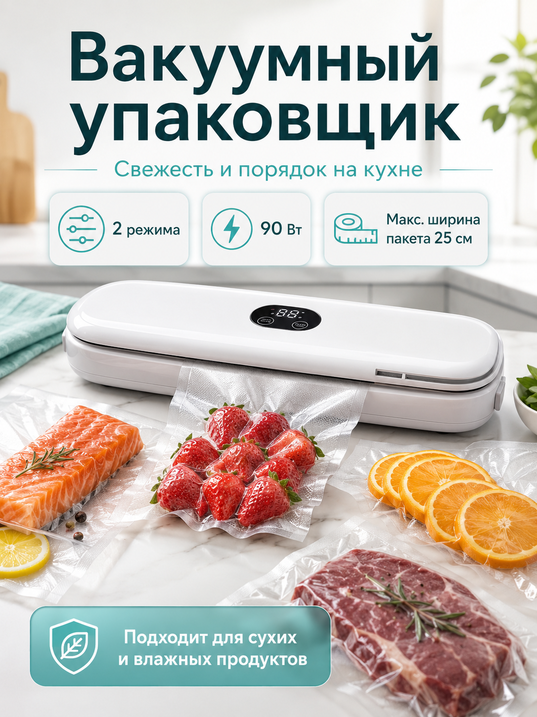 Вакууматор для продуктов с запайкой, вакуумный упаковщик W619 для продуктов, белый