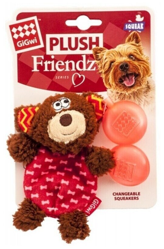 Игрушка для собак GiGwi Plush Friendz Мишка с двумя сменными пищалками 13 см