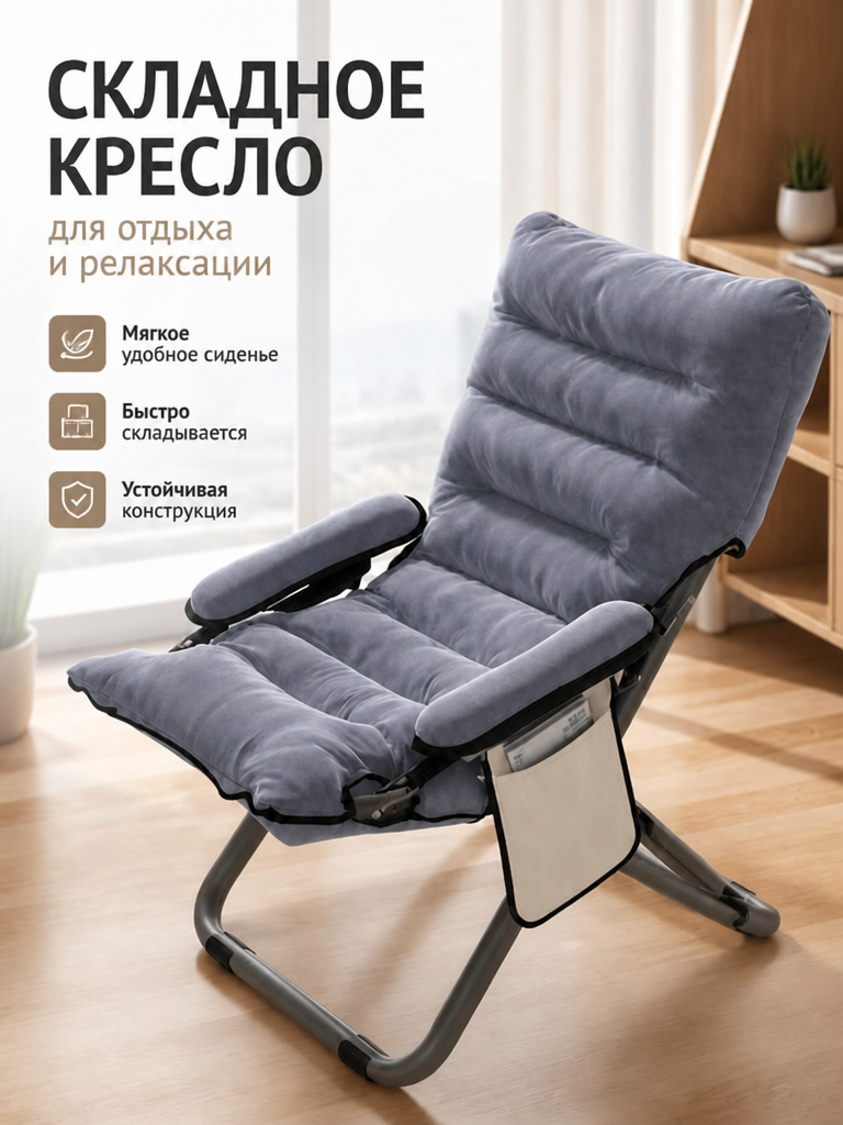 Удобное раскладное кресло-трансформер с вельветовой обивкой и стальным каркасом, серое