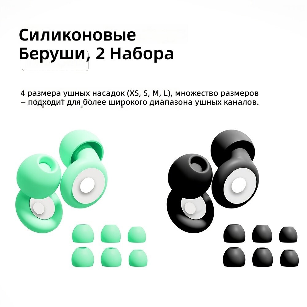 Силиконовые многоразовые беруши 2 комплекта для сна путешествий и работы размеры XS/S/M/L цвет зеленый+черный