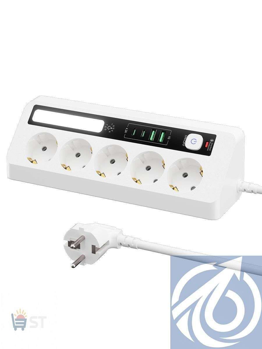 9-в-1 умная розетка KINGLINK с ночником 5 EU розеток + 4 USB 2500Вт Огнестойкость 850 C Кабель 1.8м