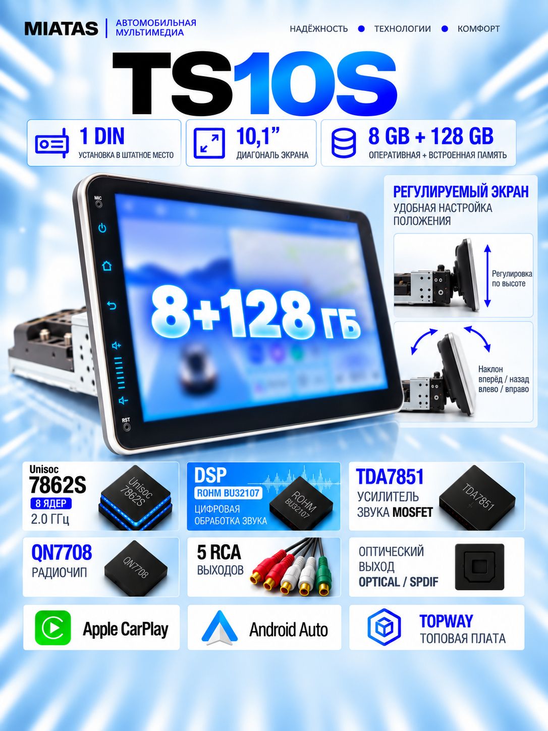 Автомагнитола 1DIN на шарнире 8 ядер Android 8/128 ГБ, 4G, DSP, CarPlay, UIS7862S, TS10S MIATAS