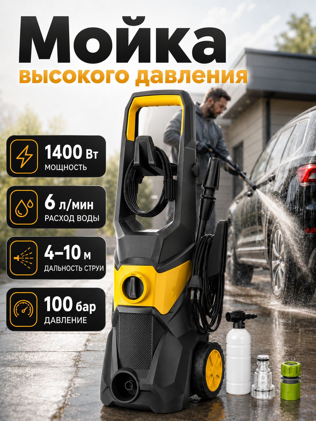 Мойка высокого давления, для авто, дорожек и фасадов зданий, автомойка, шланг