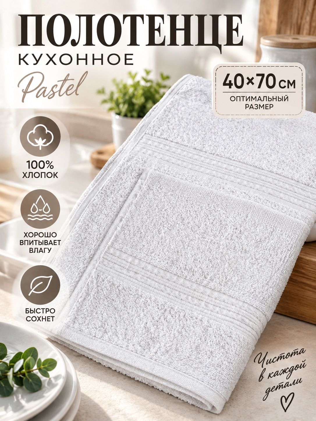 Полотенце кухонное 40х70 см, хлопок, Pastel Салфетка махровая, для кухни для посуды и рук для дома и дачи хозяйственное