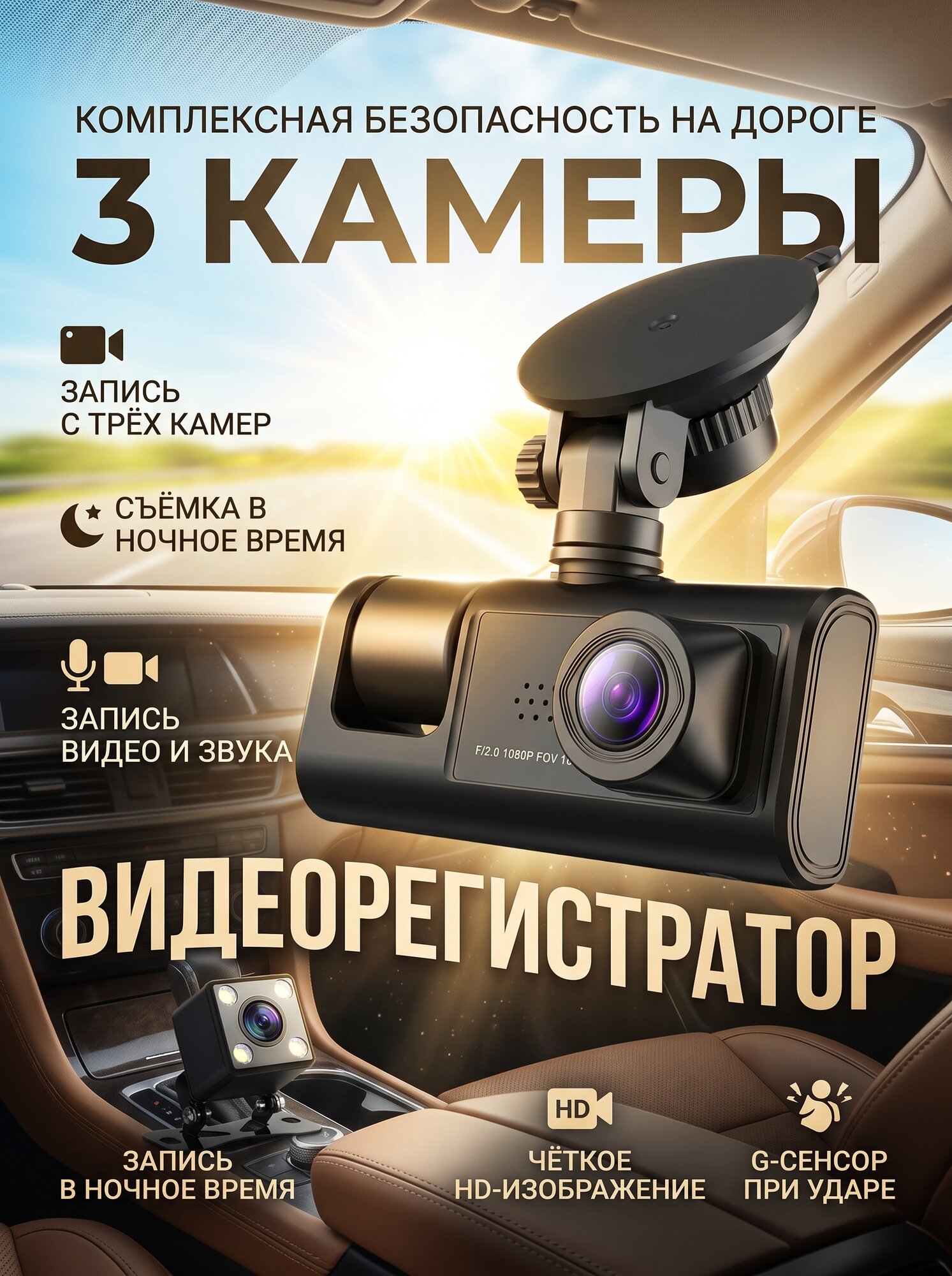 Автомобильный видеорегистратор Full HD, с 3 камерами, видеорегистратор с задней камерой