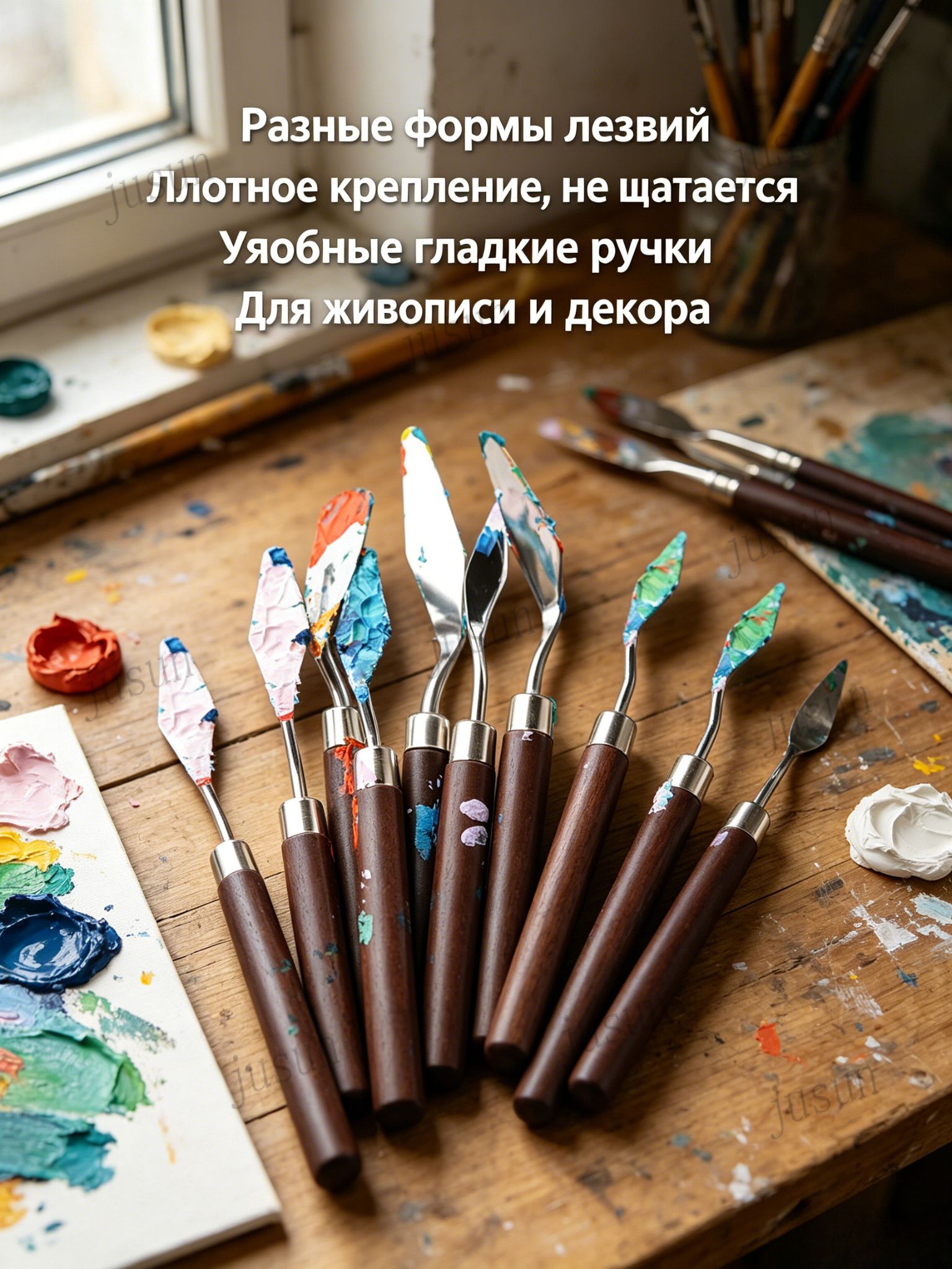 Набор из 7 мастихинов для живописи с деревянными ручками, нержавеющая сталь, масла, акрила, гуаши и кондитерского декора