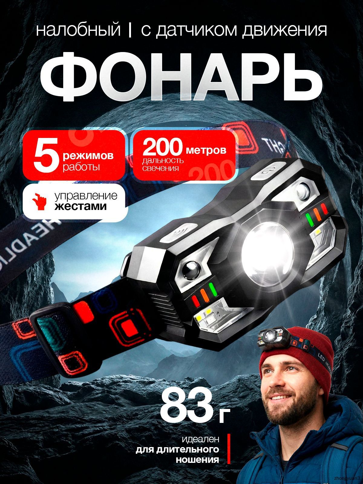 Налобный фонарь, Артикул: 5170819188, Формат (типоразмер) элементов питания: Встроенный аккумулятор, От блока питания