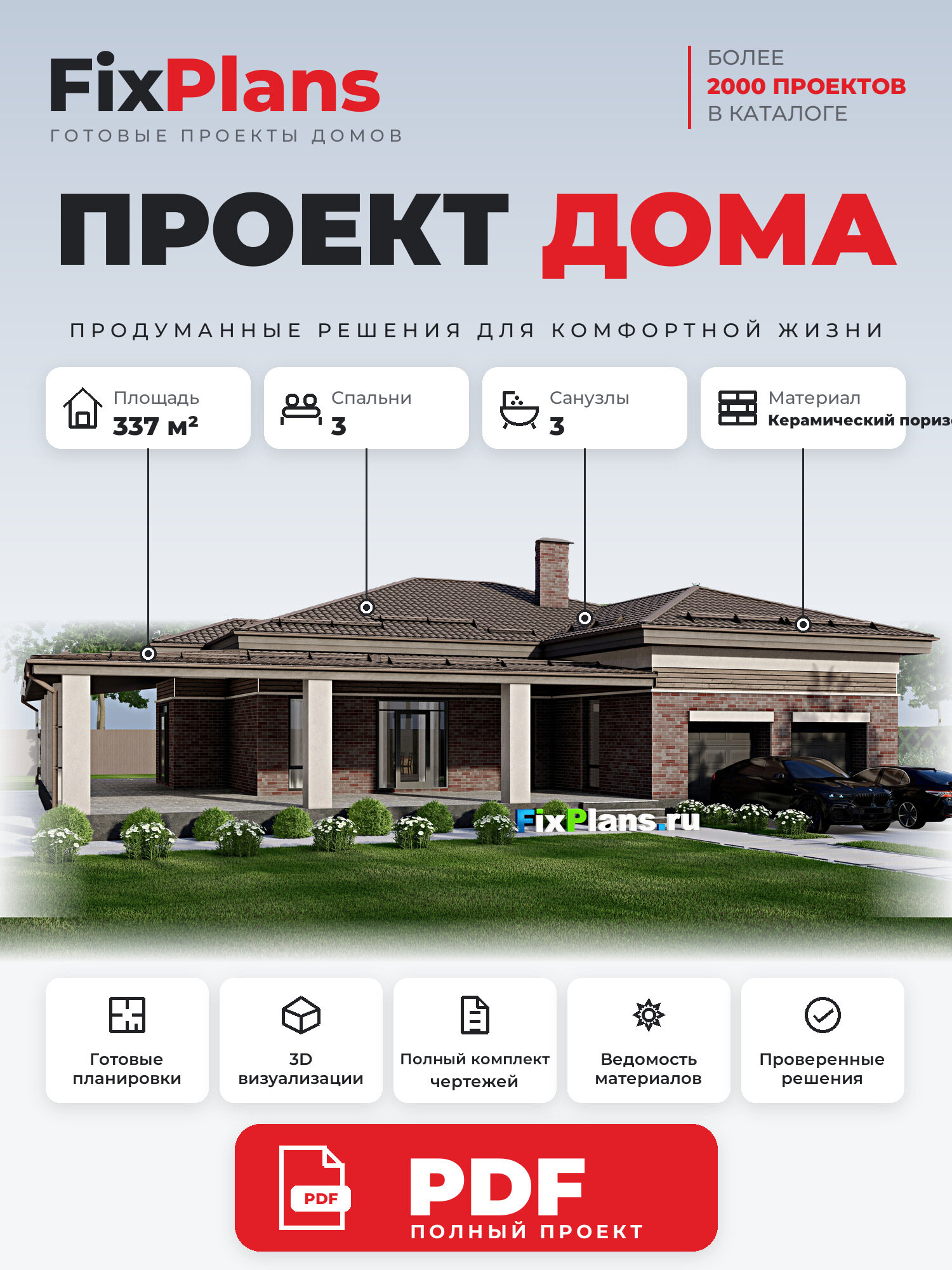 Проект дома FIXPLANS. Одноэтажный. Площадь 337.31 м2 F - 2465 Размер 18.45 х 20.9
