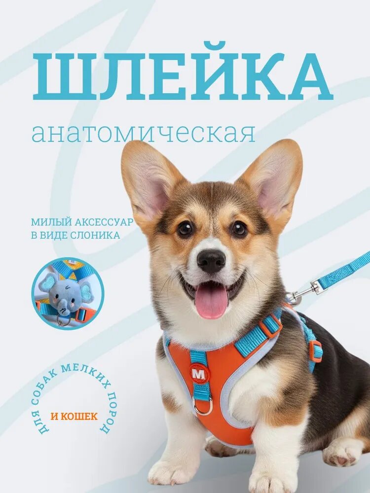 Милая шлейка, размер S, для собак мелких и средних пород, анатомическая со слоником