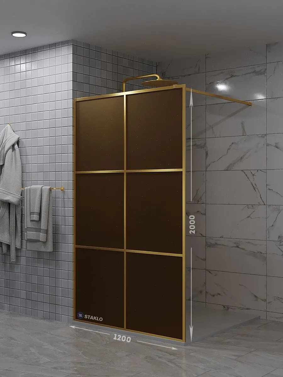 Loft душевая одиночная перегородка staklo 120x200 из бронзового матового стекла золото фурнитура