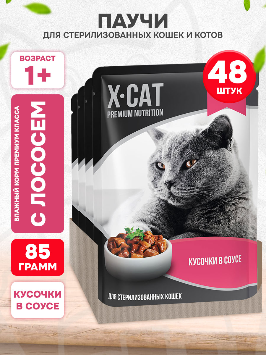 Корм влажный X-Cat для взрослых кастрированных котов и стерилизованных кошек, лосось в соусе, 85 г 48 шт