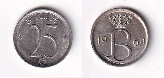 Бельгия 25 сантимов 1969 год