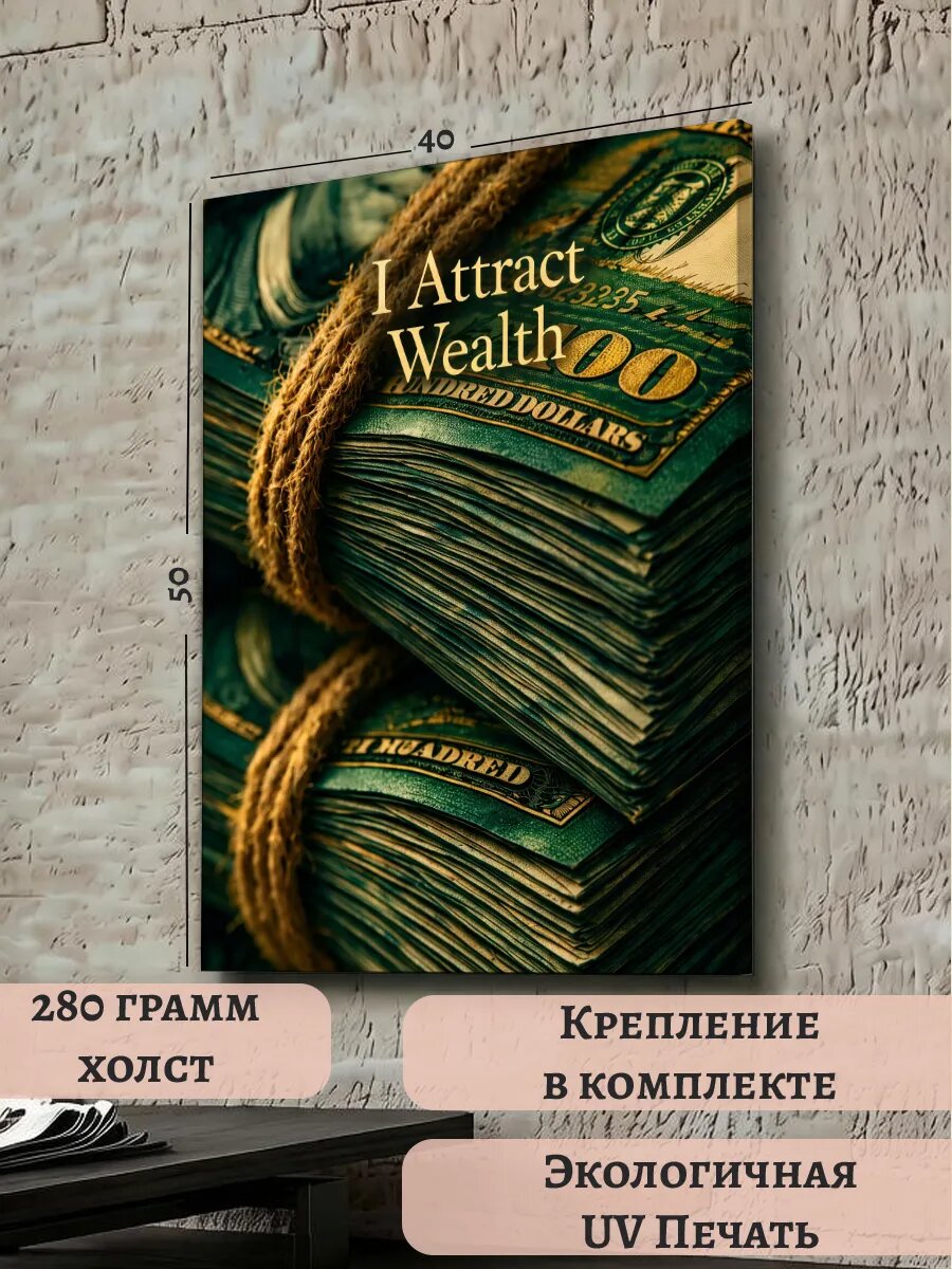 Картина 40х50 Деньги Надпись "Я привлекаю богатства" Успех
