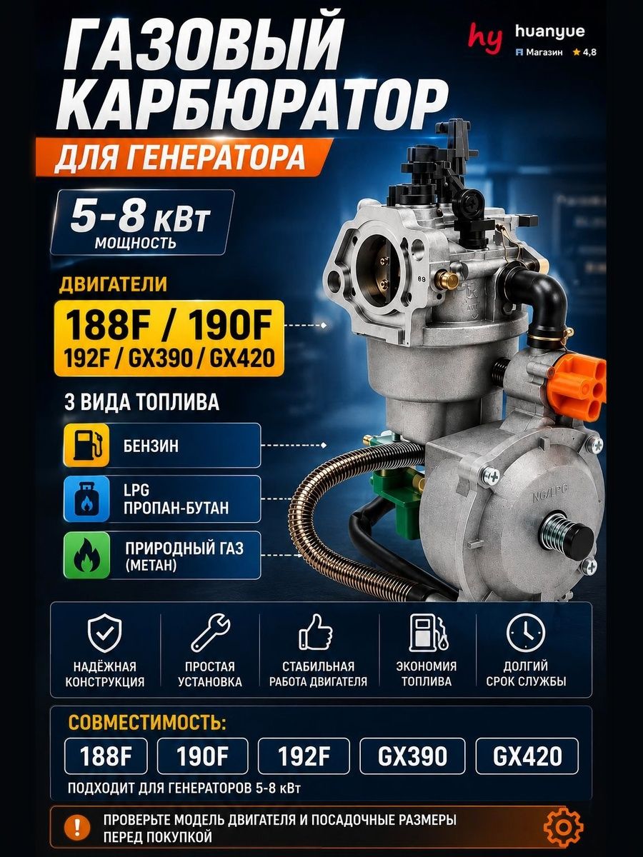 Карбюратор газ-бензин для генератора, электростанций 5-10 кВт/ ( двигатель 13-18лс 188F-190F-192F)