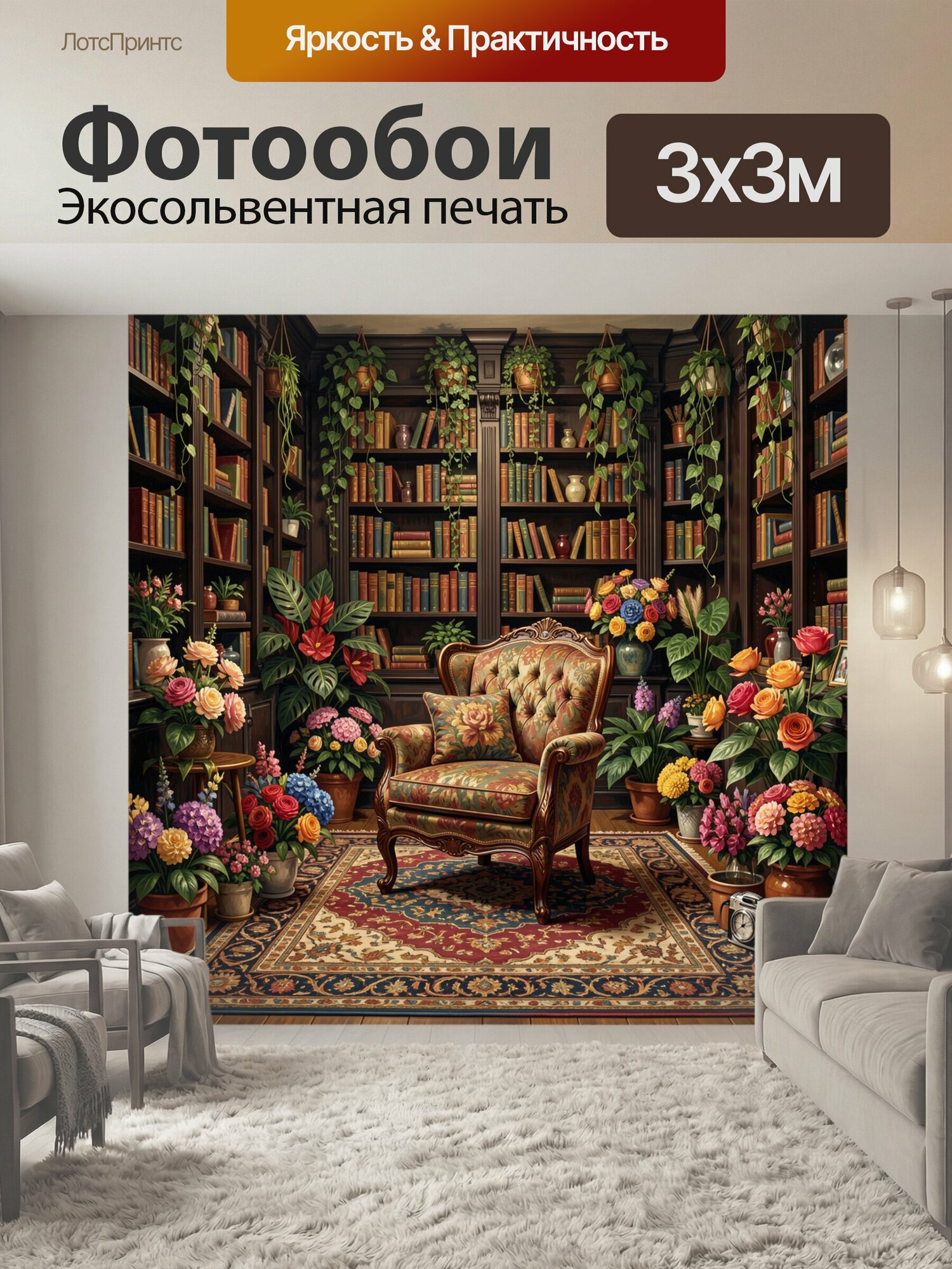 Фотообои "Винтажное кресло среди цветов. Старинное мягкое сиденье в окружении книжных стеллажей, комнатной зелени и пышных букетов. Барочная." 300x300 см. экосольвентная печать