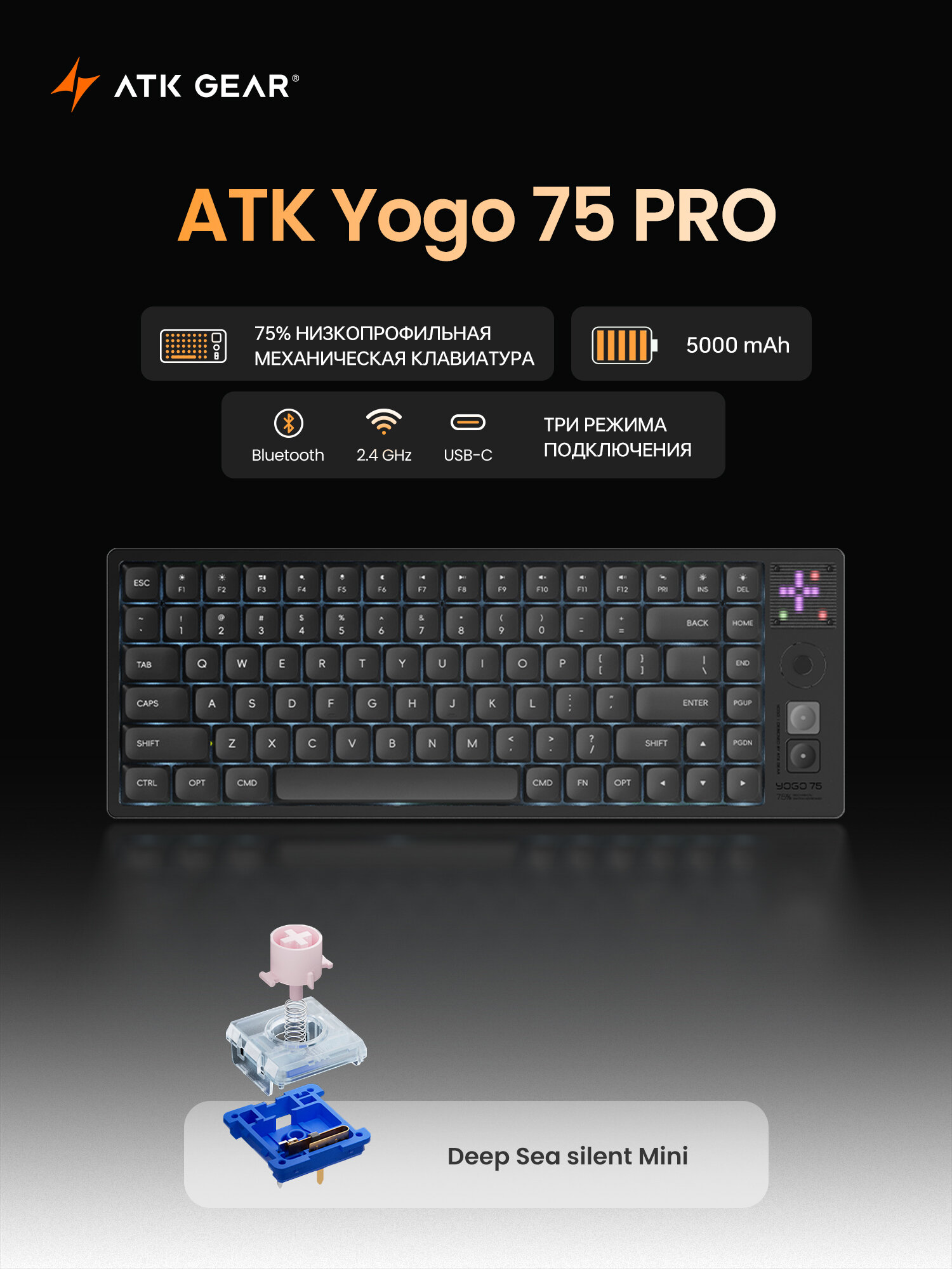 ATKGEAR Игровая клавиатура Yogo 75 Pro Механическая клавиатура Low-Profile 75% Pixel Display Knob, Английская раскладка, шоколадный, серый