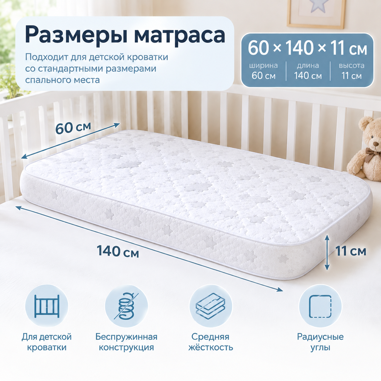Детский матрас размером 60×140×11 см. Наполнитель: струтопласт 10 см и кокосовая койра 1 см. Углы скруглены