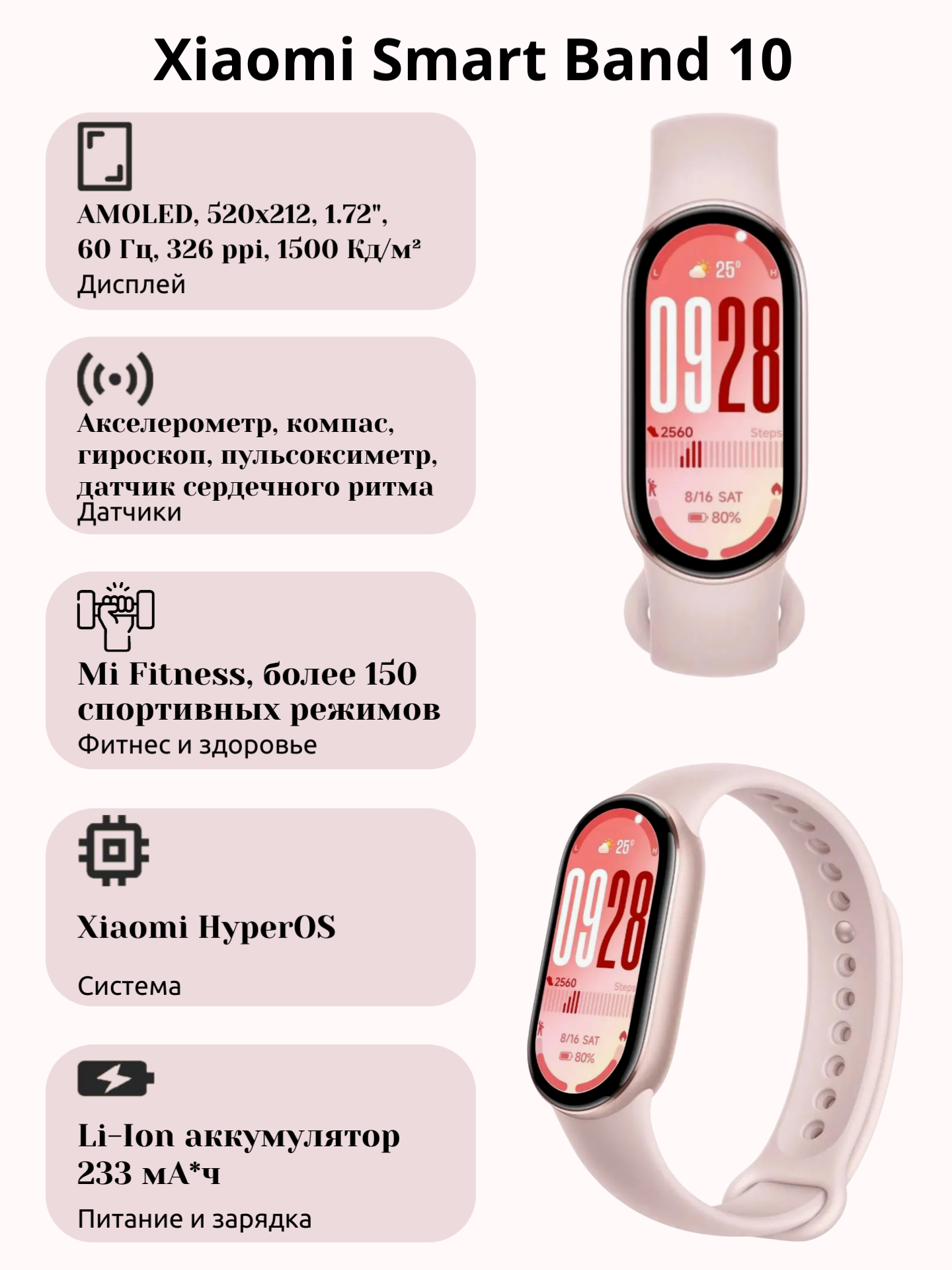 Фитнес-браслет Xiaomi Smart Band 10 Черный Ростест, IP68, дисплей 1.72" AMOLED