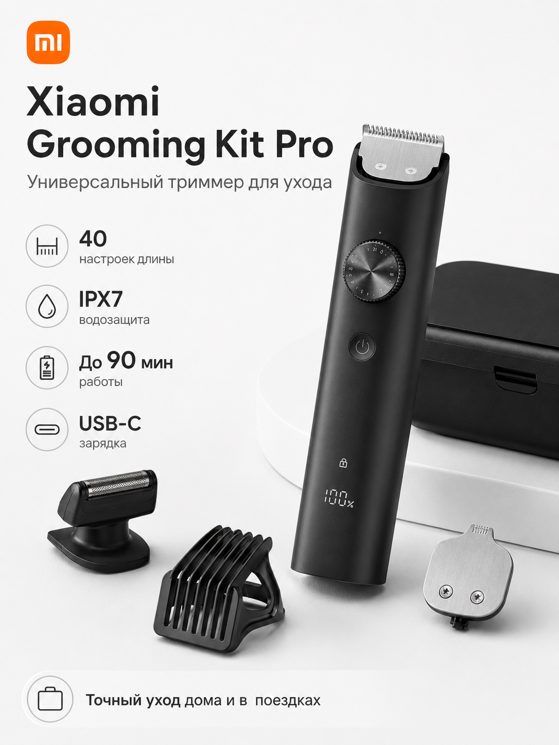 Машинка для стрижки Xiaomi Grooming Kit Pro XMGHT2KITLF Black, 40 настроек длины, IPX7, 90 мин, USB-C