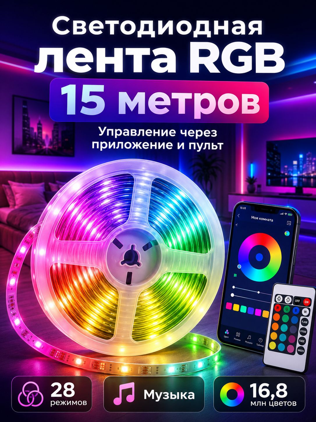 Светодиодная лента RGB 15 м для интерьера, умная LED подсветка, управление со смартфона и пульт, цветомузыка, 28+ режимов