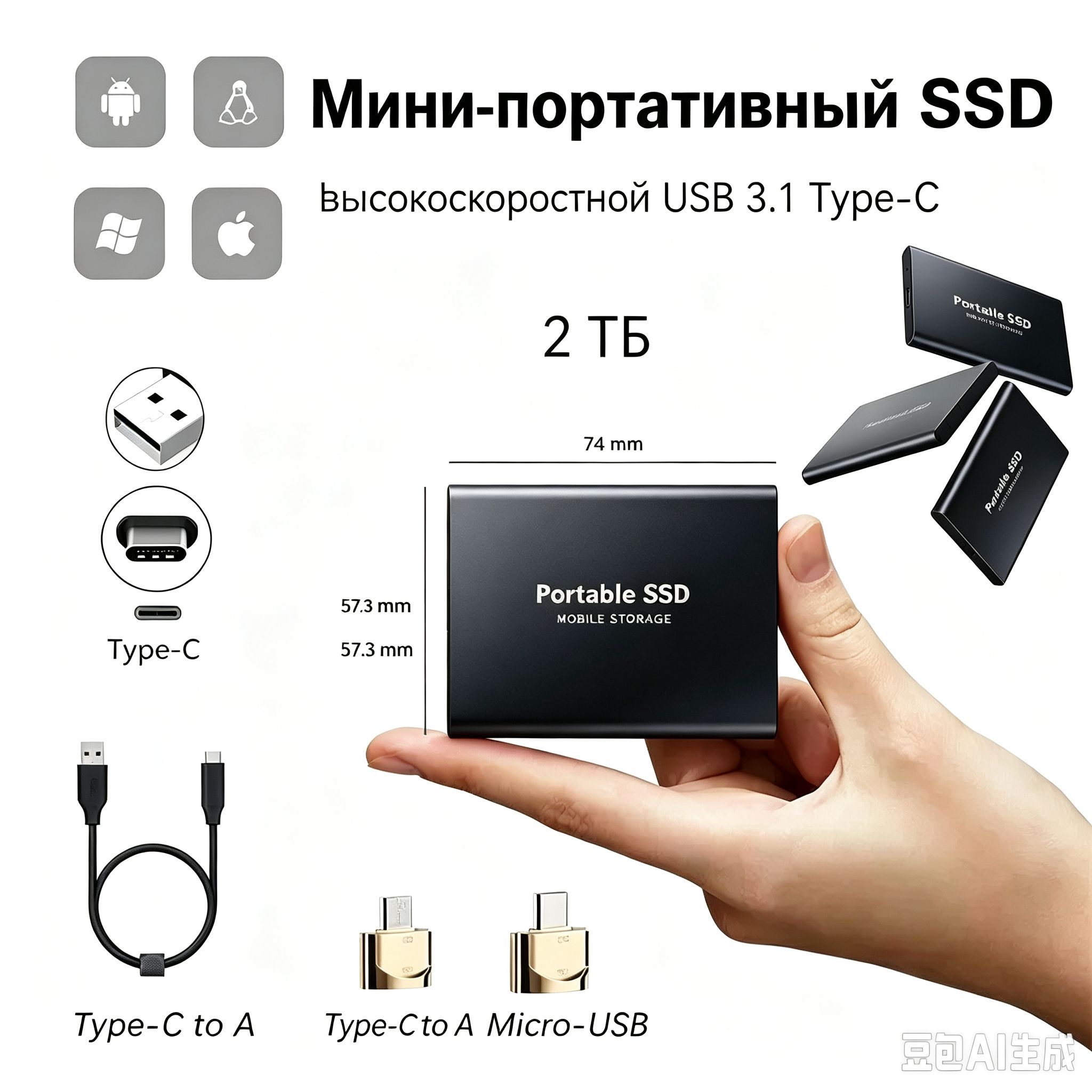 Портативный внешний SSD-накопитель, мобильный твердотельный диск USB3.0 Type-C, поддержка NVMe/SATA M.2, объем 2ТБ для ПК, ноутбука, телефона