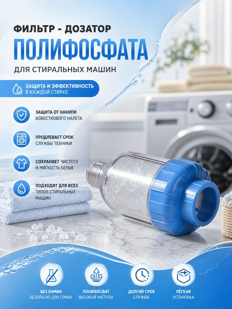 Полифосфатный фильтр абф-стирал для стиральной и посудомоечной машины, солевой умягчитель от накипи