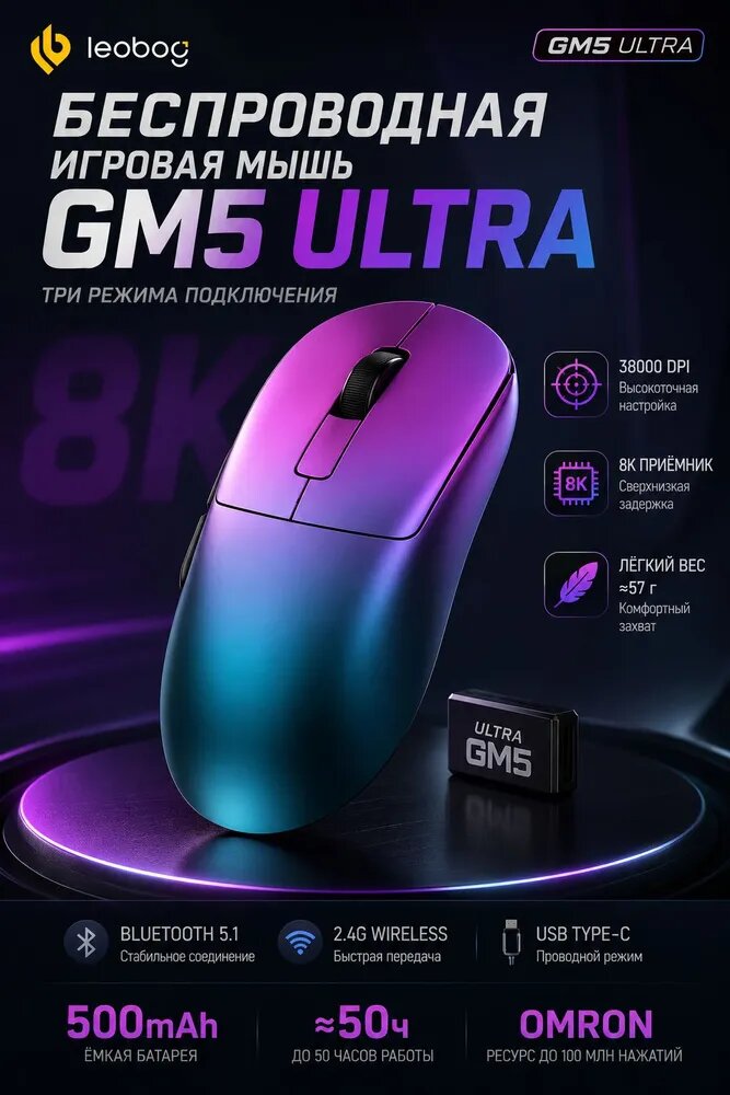 LEOBOG Игровая мышь беспроводная LEOBOG GM5 Ultra, фиолетовый