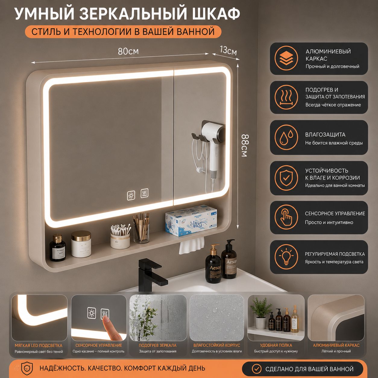 Умный зеркальный шкафчик для ванной комнаты из алюминиевого сплава с изогнутым углом наклона, регулируемой подсветкой и функцией защиты от запотевания