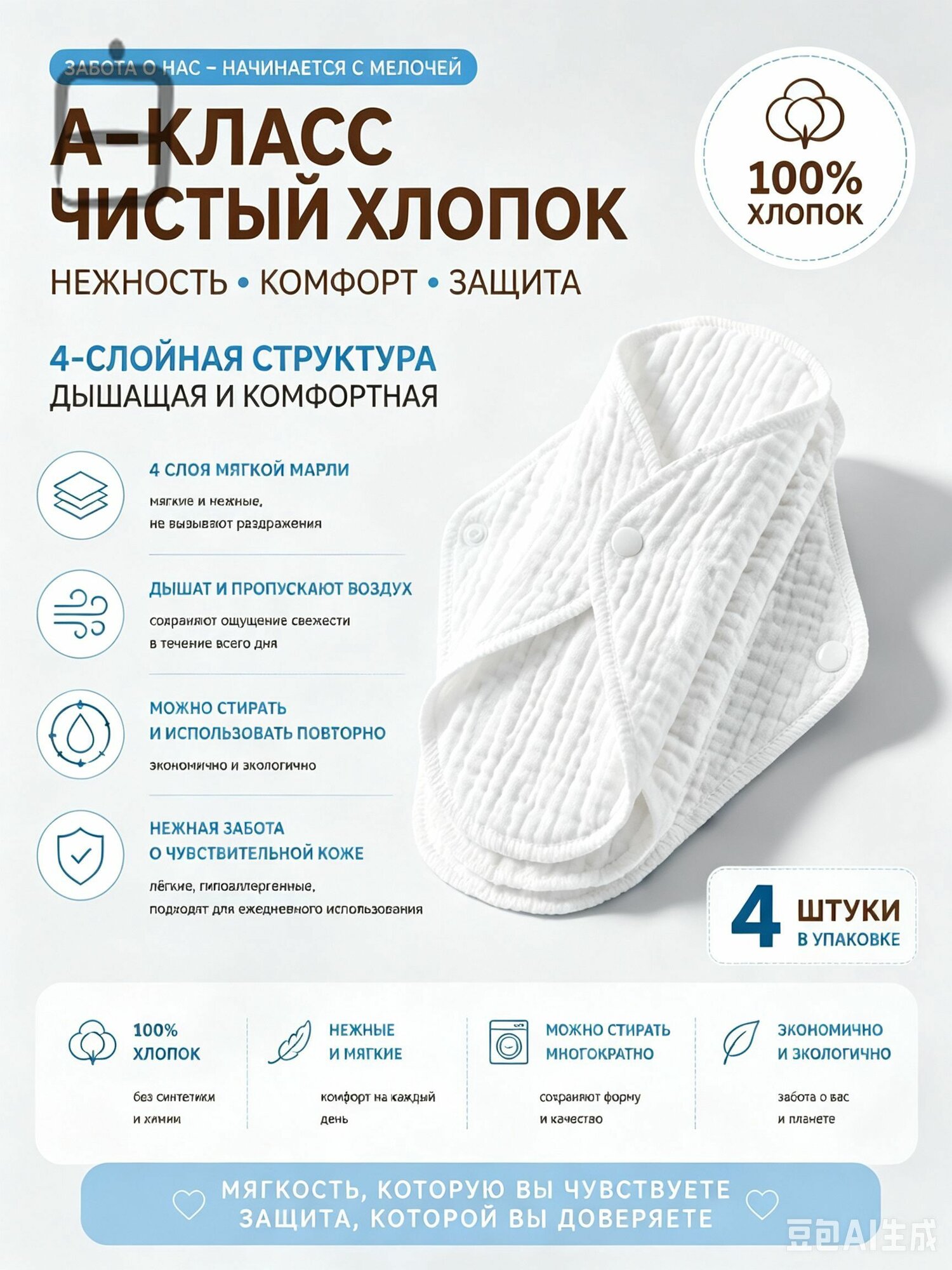 Прокладки многоразовые 4 шт, Артикул: 5375896750, Цвет: Белый, кремовый, светло-бежевый