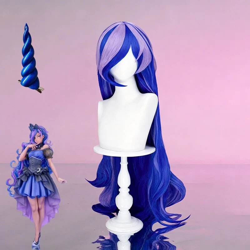 Синтетический аниме-парик Принцессы Луны синий с рогом Wig And Horn 12cm